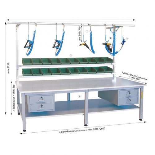 Postazione di lavoro con utensile scorrevole su banco con illuminazione Postazione di lavoro con utensile scorrevole su banco con illuminazione